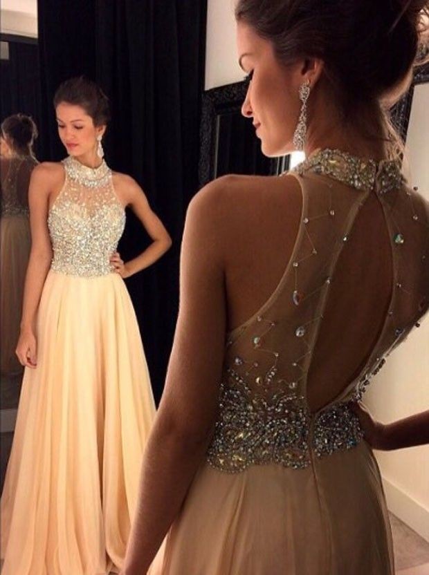 2018 Long Prom Dresses Chiffon High Neck Gorgeous Crystal A Line ...