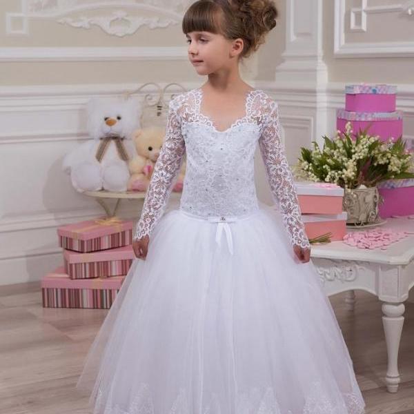 Lace Long Sleeves Tulle Beaded Flower Girl Dresses Elegant Dresses For ...